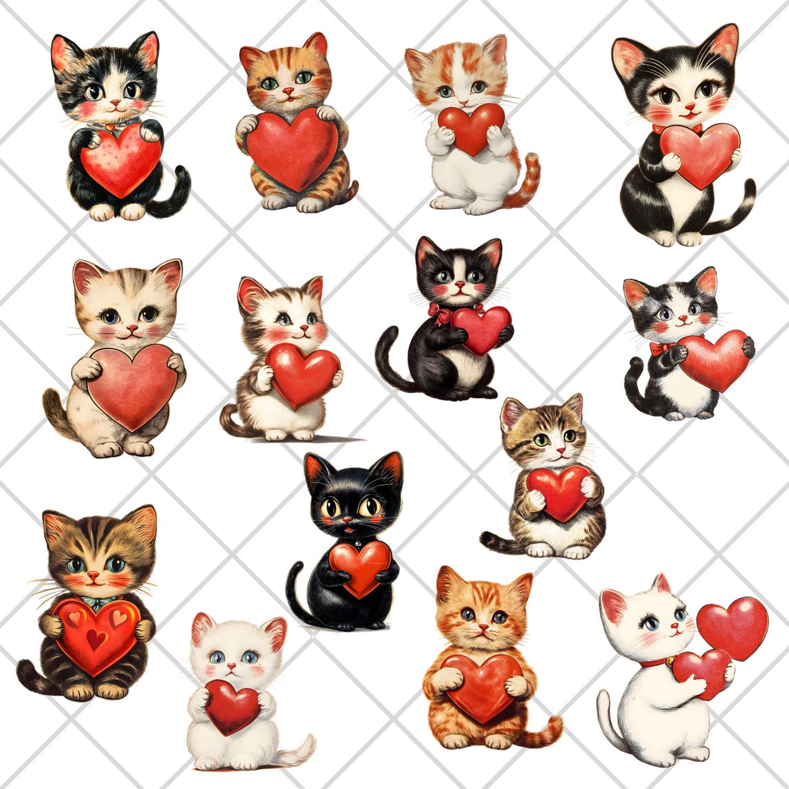 Valentine Kittens Clipart Graphics - Vintage Valentine's Day Digital ...