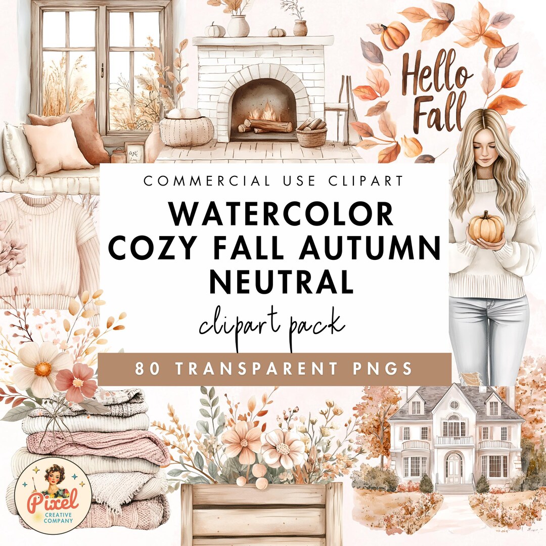 Fall Cozy Clipart: Neutral Autumn Watercolor Graphics (digital Download ...