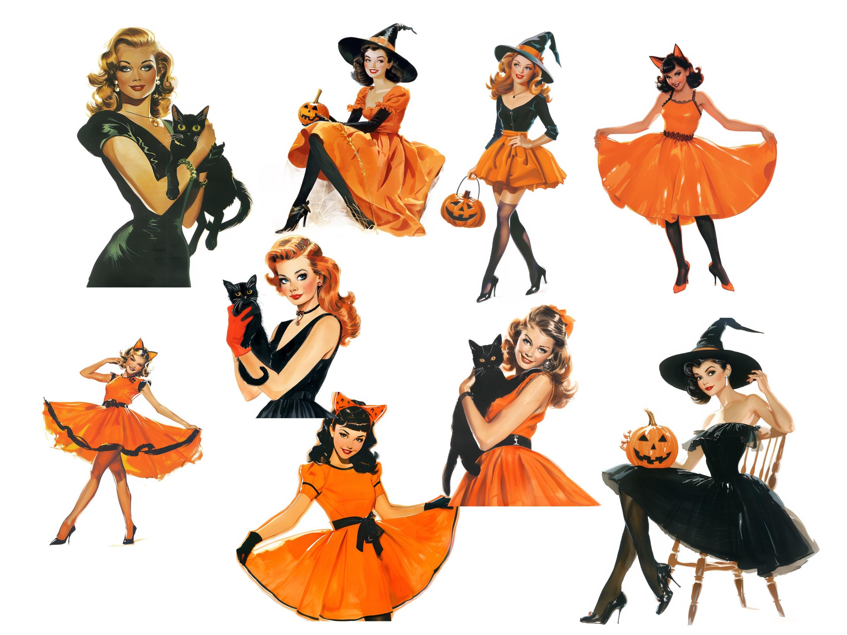 Retro Halloween Clipart: Women, Witches & Black Cats (PNG Files ...