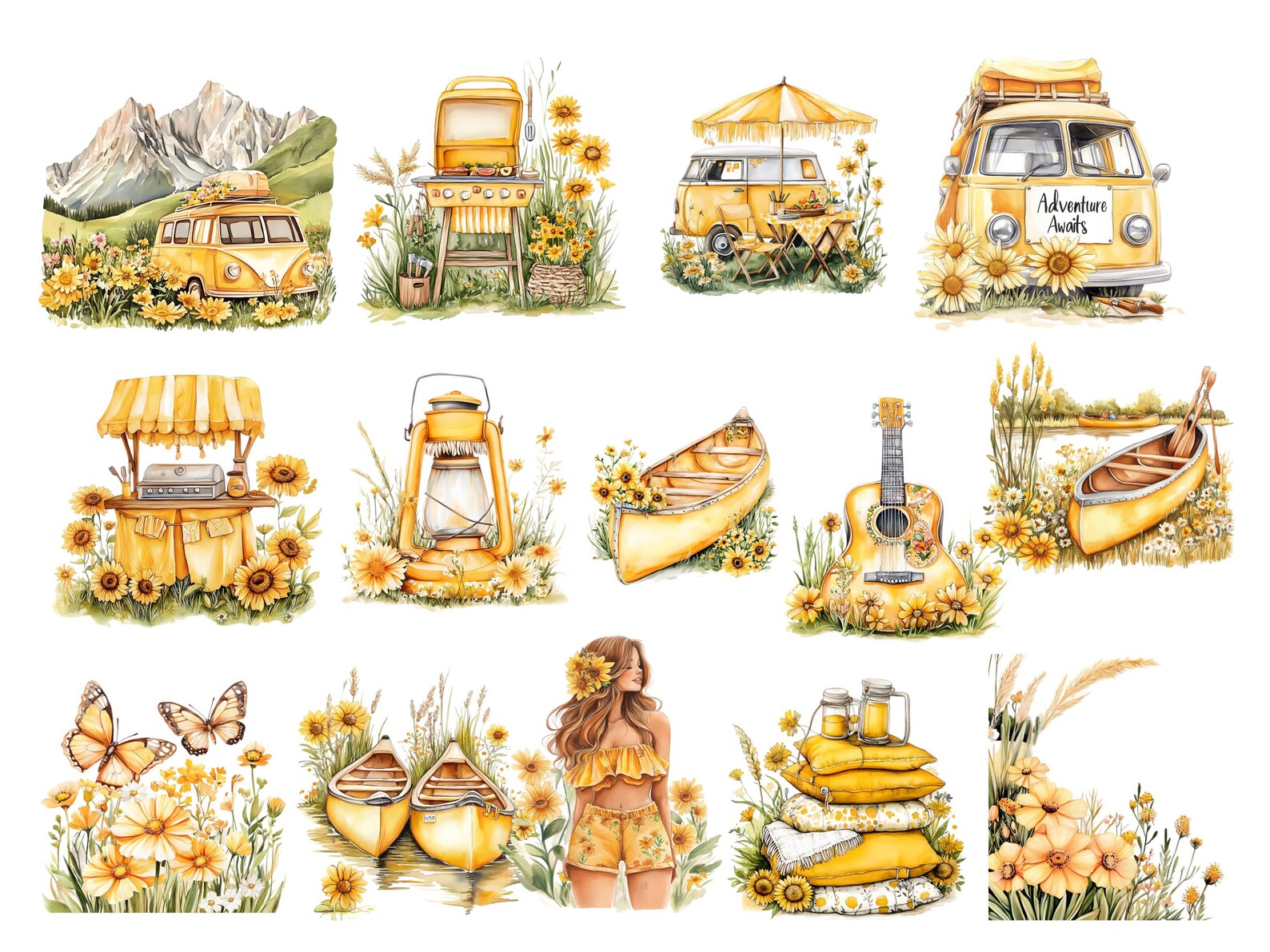 Boho Summer Camping Clipart: Yellow Floral Graphics (commercial Use) - Etsy