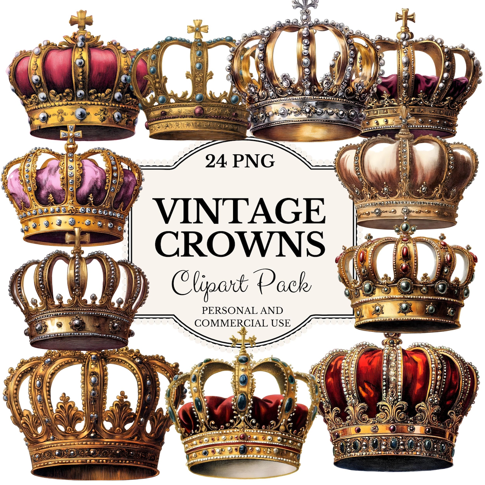 Vintage Gold Crowns Clipart: Royalty Illustrations (24 PNG) - Etsy