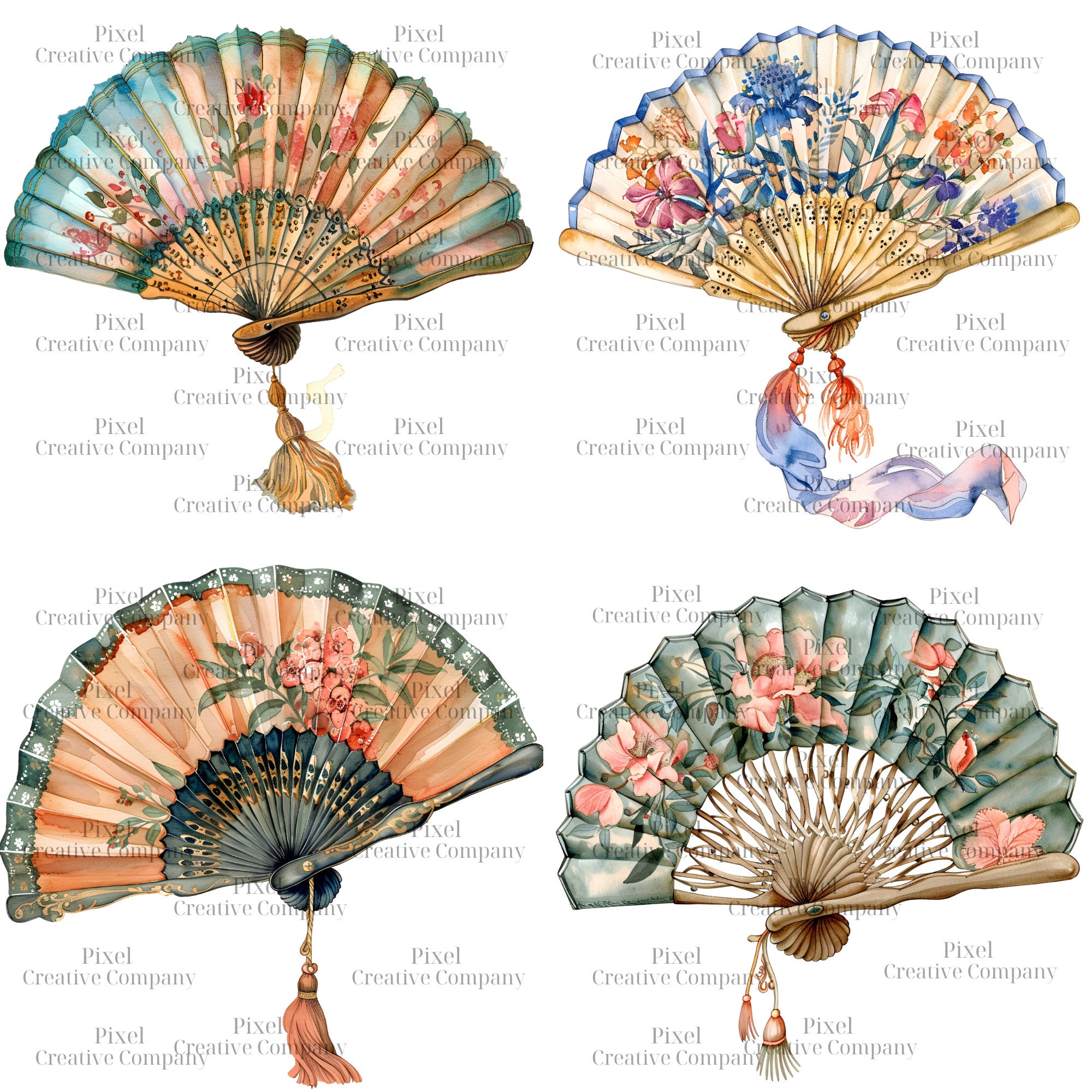 Watercolor Fans Clip Art: Vintage Style PNG Graphics (commercial Use ...