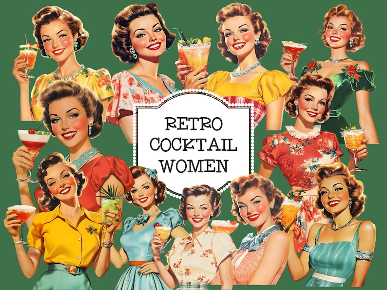 Retro Cocktail Women Clipart: Vintage PNG Graphics (digital Download ...