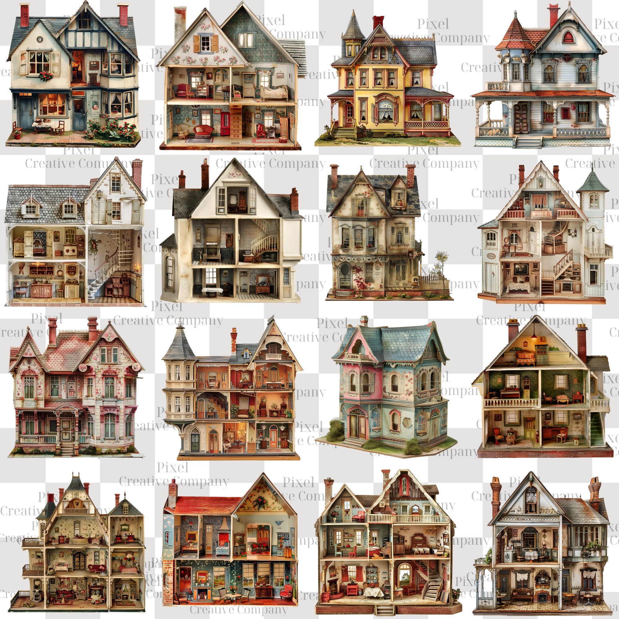 Doll Houses Watercolor Clipart, Houses Clip Art, Doll House Graphics ...
