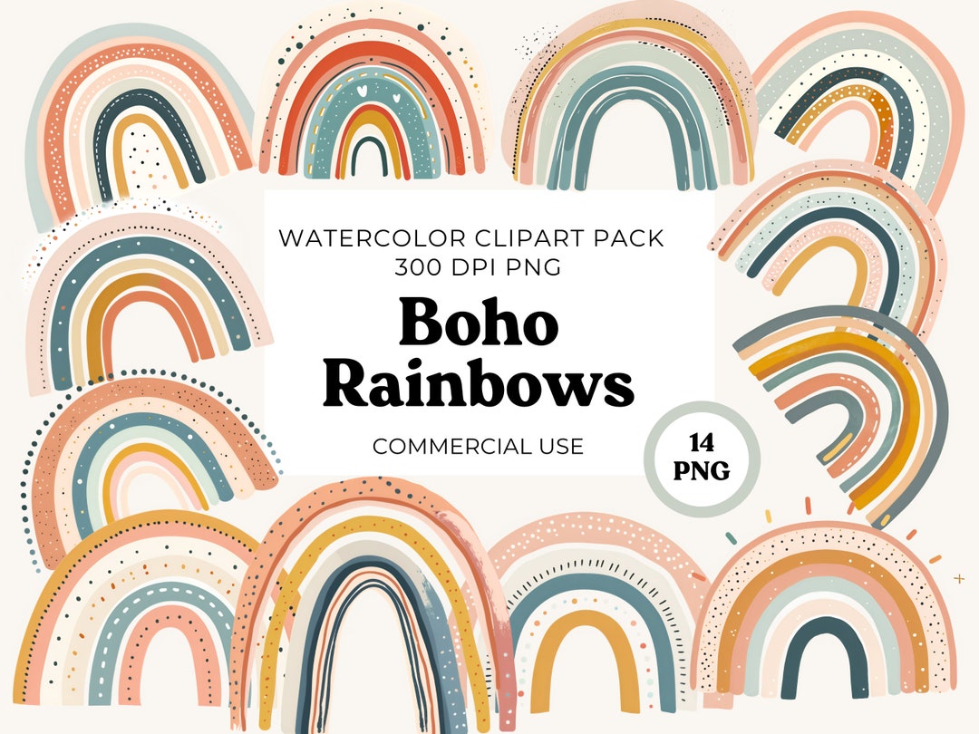 Boho Rainbows Watercolor Clipart, Colorful Rainbows Clip Art ...