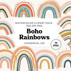 Boho Rainbows Watercolor Clipart, Colorful Rainbows Clip Art ...