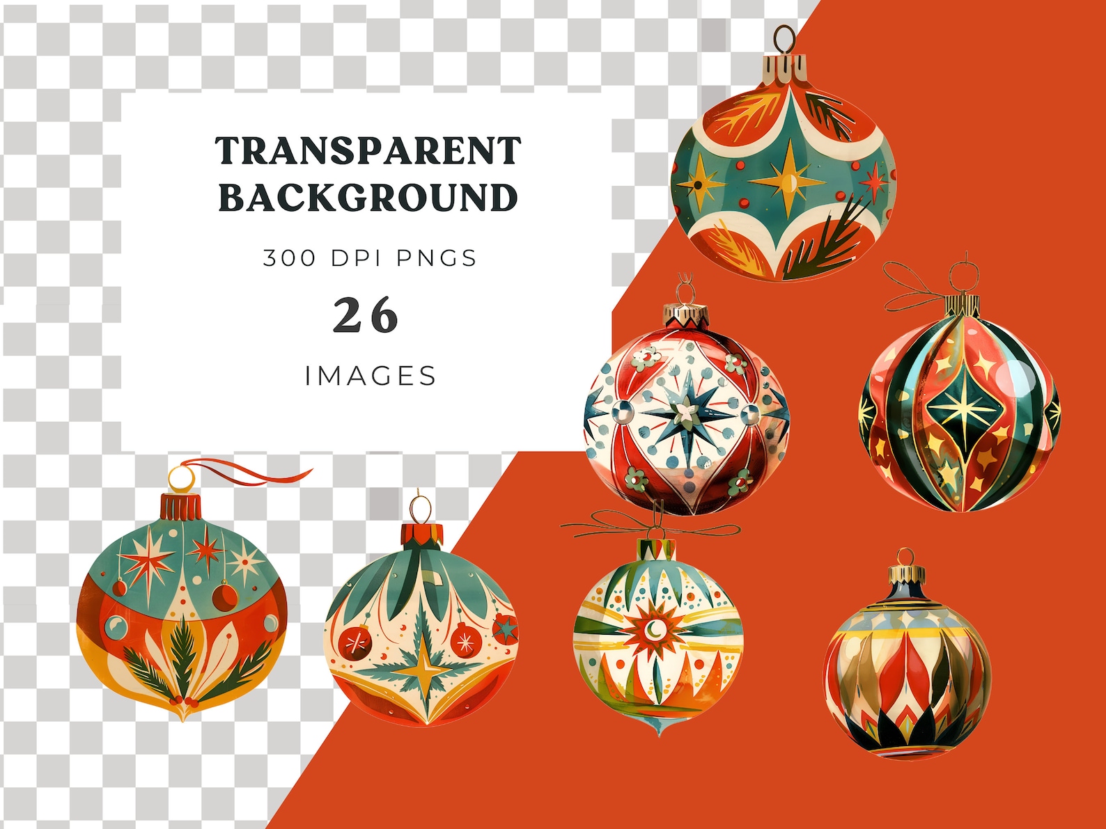 Retro Christmas Baubles Clipart | 1950s Mid Century Ornaments Graphics ...