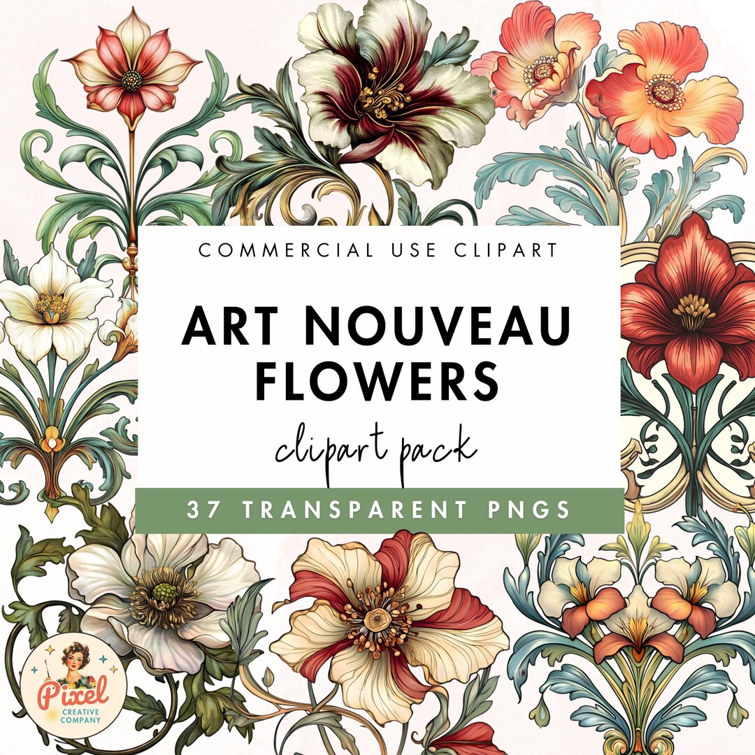 Art Nouveau Flowers Floral Clipart | Vintage High-resolution Flower ...