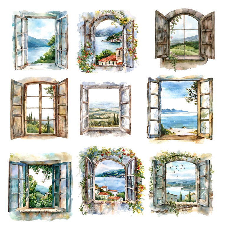 Window Views Watercolor Clipart Graphics, Lovely Views Through Open ...