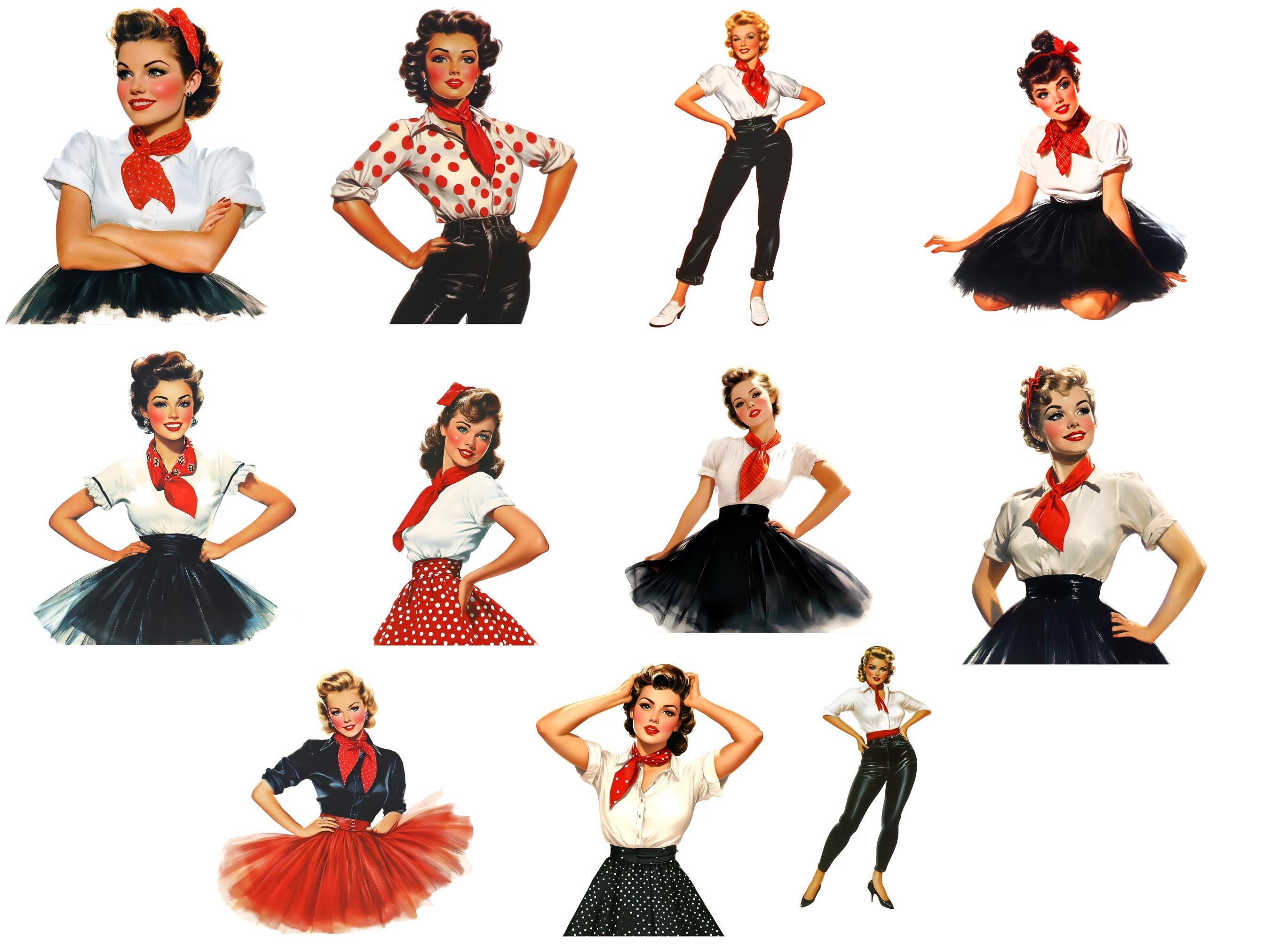 1950s Retro Rockabilly Women Clipart, Retro Women Graphics, Transparent ...