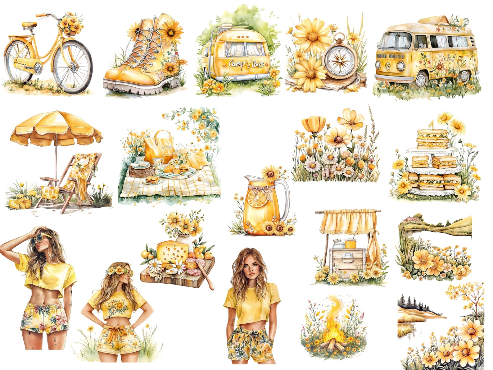 Boho Summer Camping Clipart: Yellow Floral Graphics (commercial Use) - Etsy