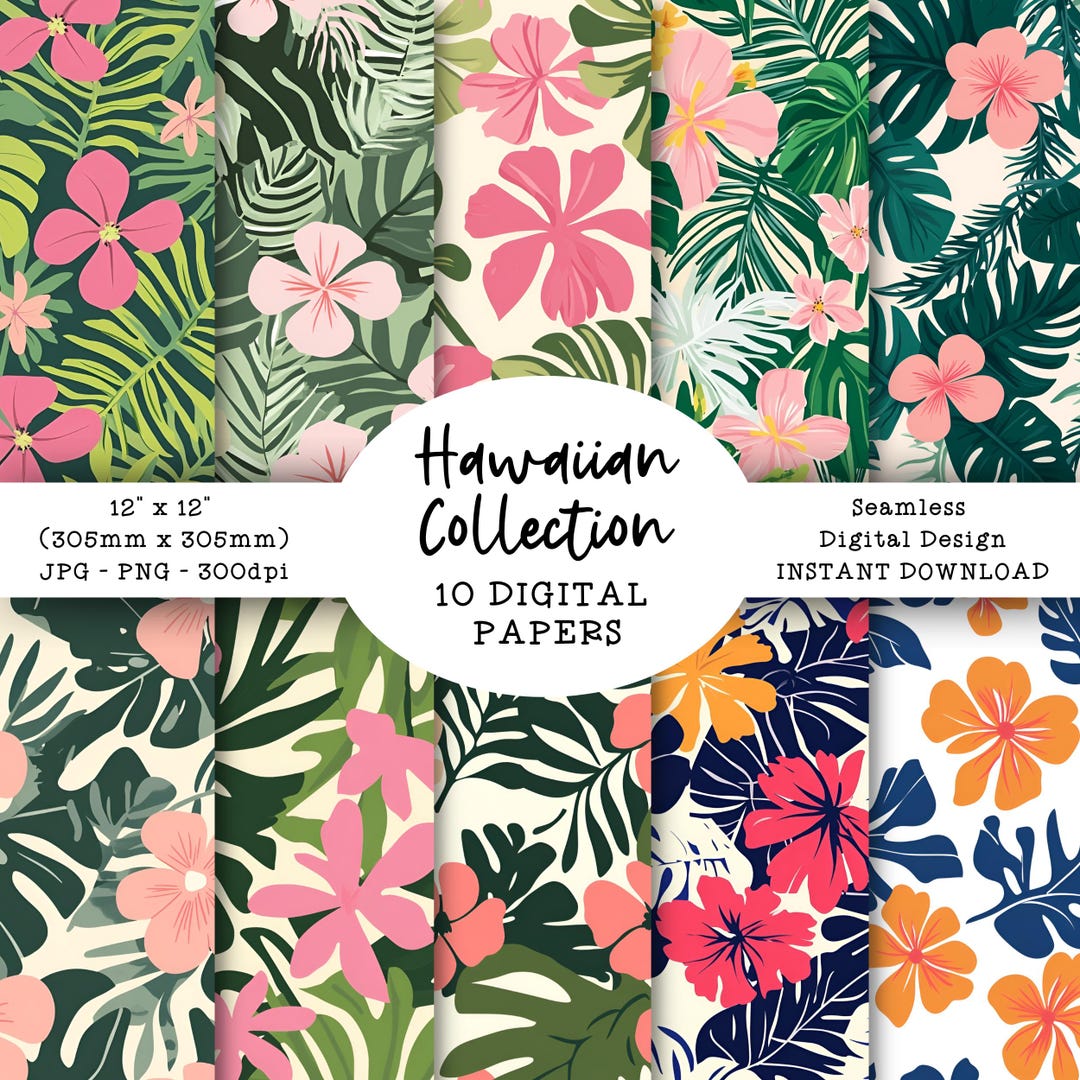 Hawaiian Floral Digital Paper: Seamless Tropical Backgrounds (PNG, JPEG ...