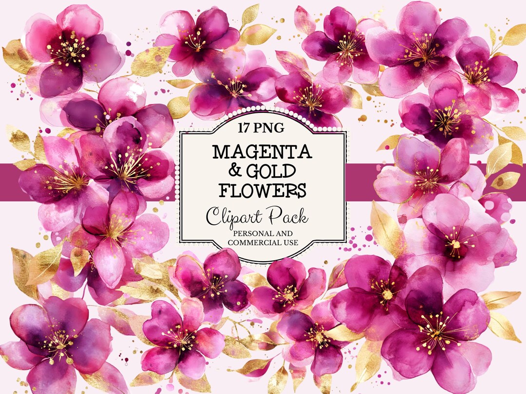 Magenta & Gold Floral Clipart: Commercial Use Graphics (PNG, 300 DPI ...