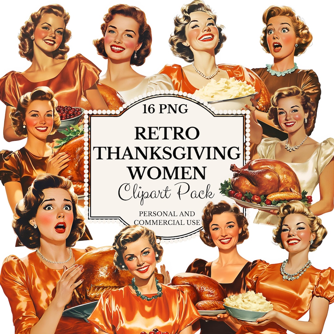 Retro Thanksgiving Clipart: Vintage Women Serving Turkey (PNG, PDF ...