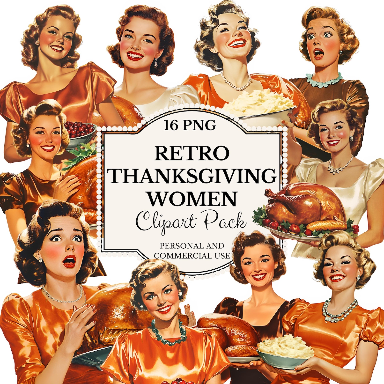 Retro Thanksgiving Clipart: Vintage Women Serving Turkey (PNG, PDF ...