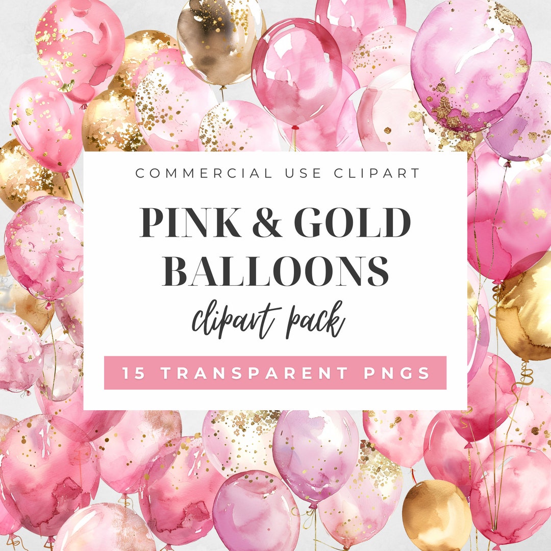 Pink and Gold Balloons Clip Art | Elegant Party Balloon Graphics ...