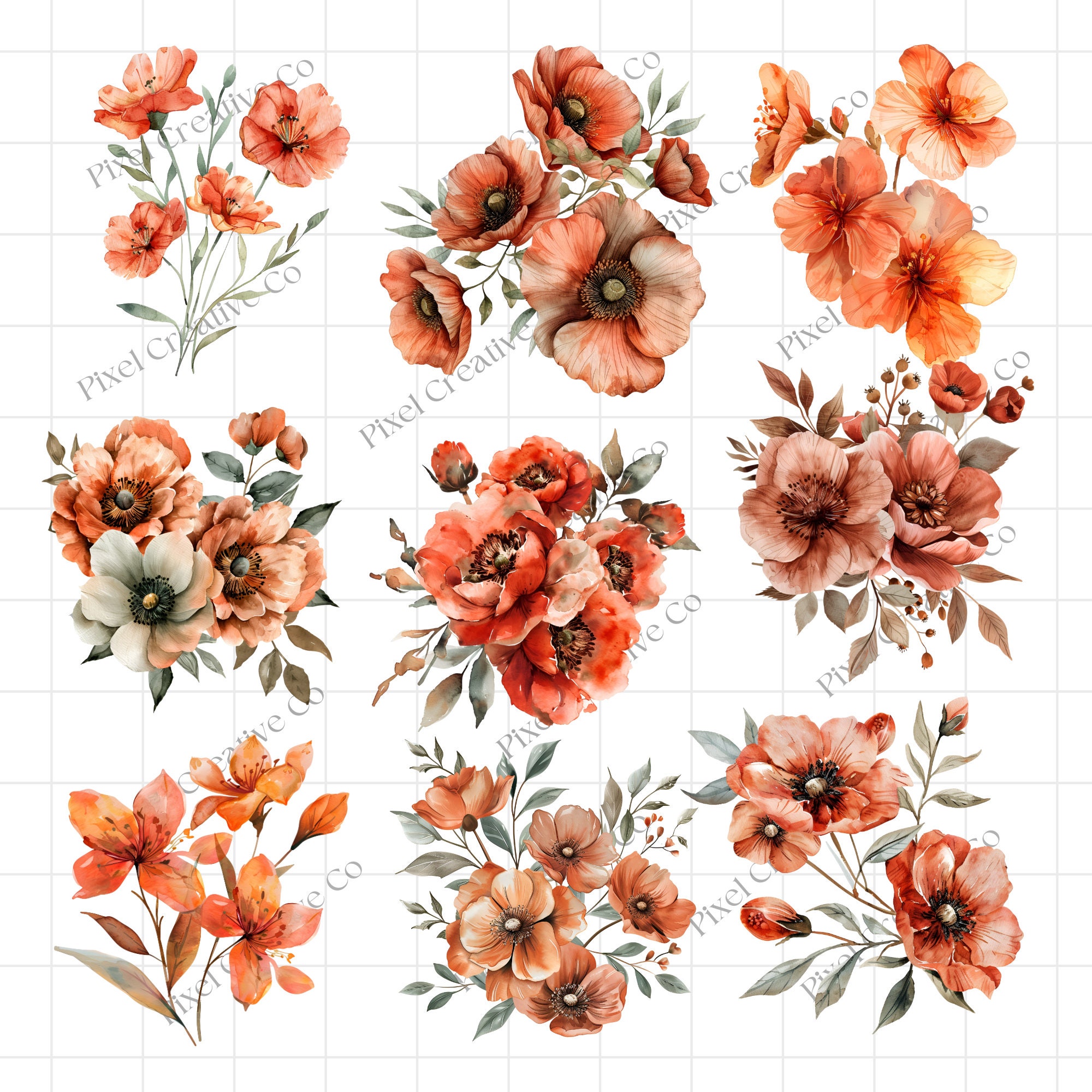 Terracotta Flowers Watercolor Clipart Graphics, Orange Flowers ...