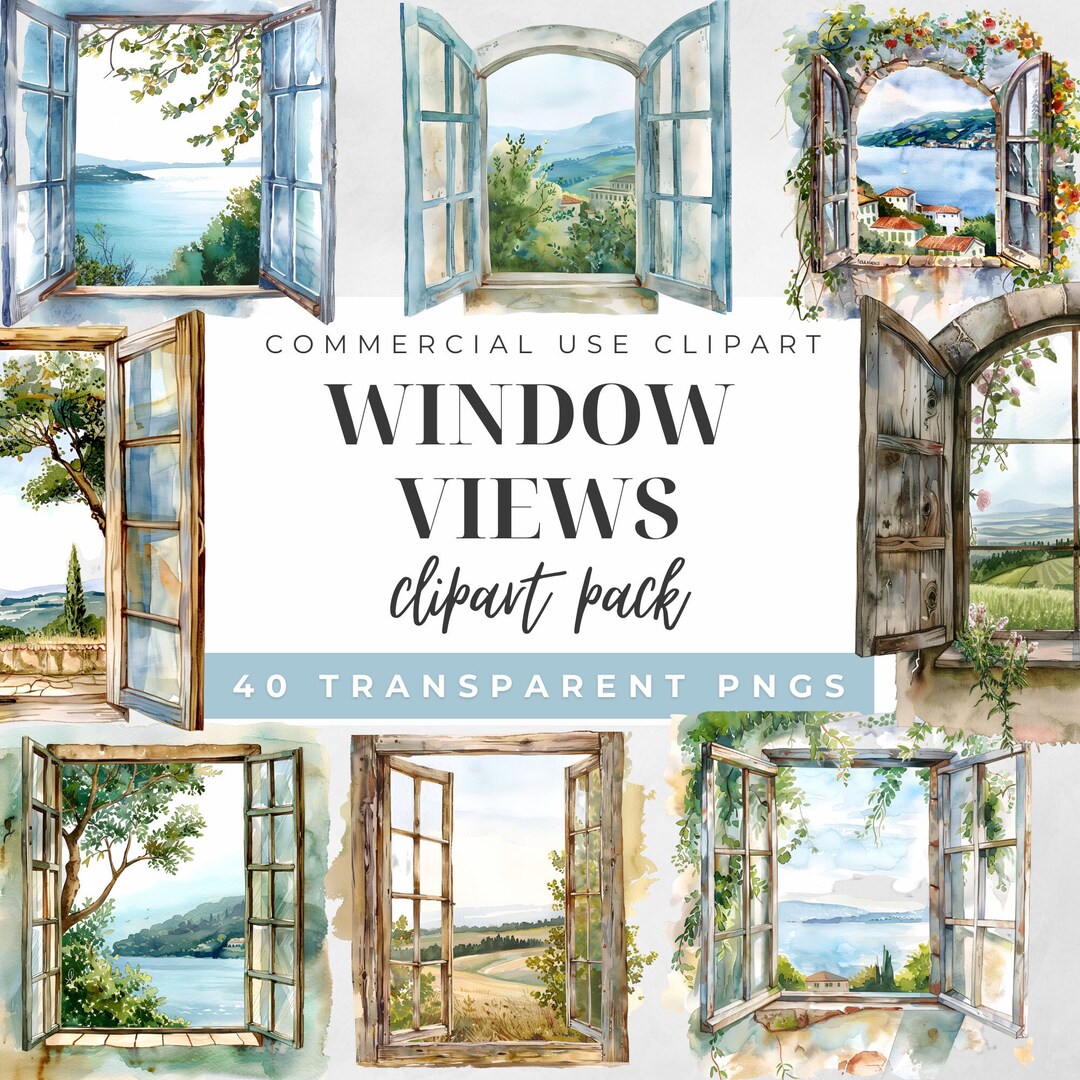 Window Views Watercolor Clipart Graphics, Lovely Views Through Open ...