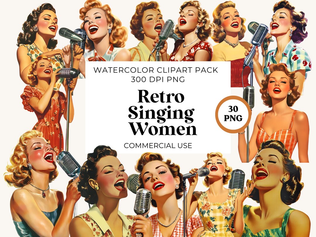 Retro Singing Women Clipart: Vintage Female Singers, PNG Graphics ...