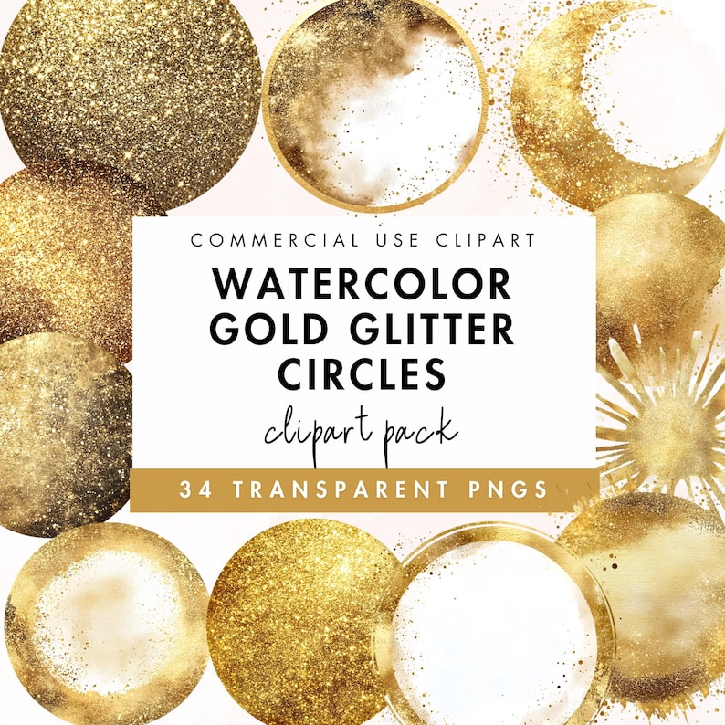 Gold Glitter Circles Clipart: PNG Graphics for Commercial Use (digital ...
