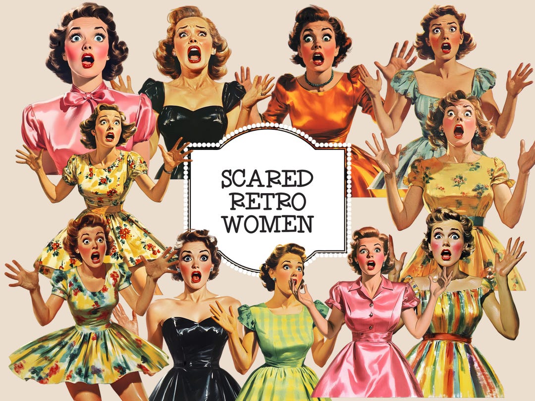 Retro Scared Women Clipart, Vintage 1950s Women, Female Clipart ...