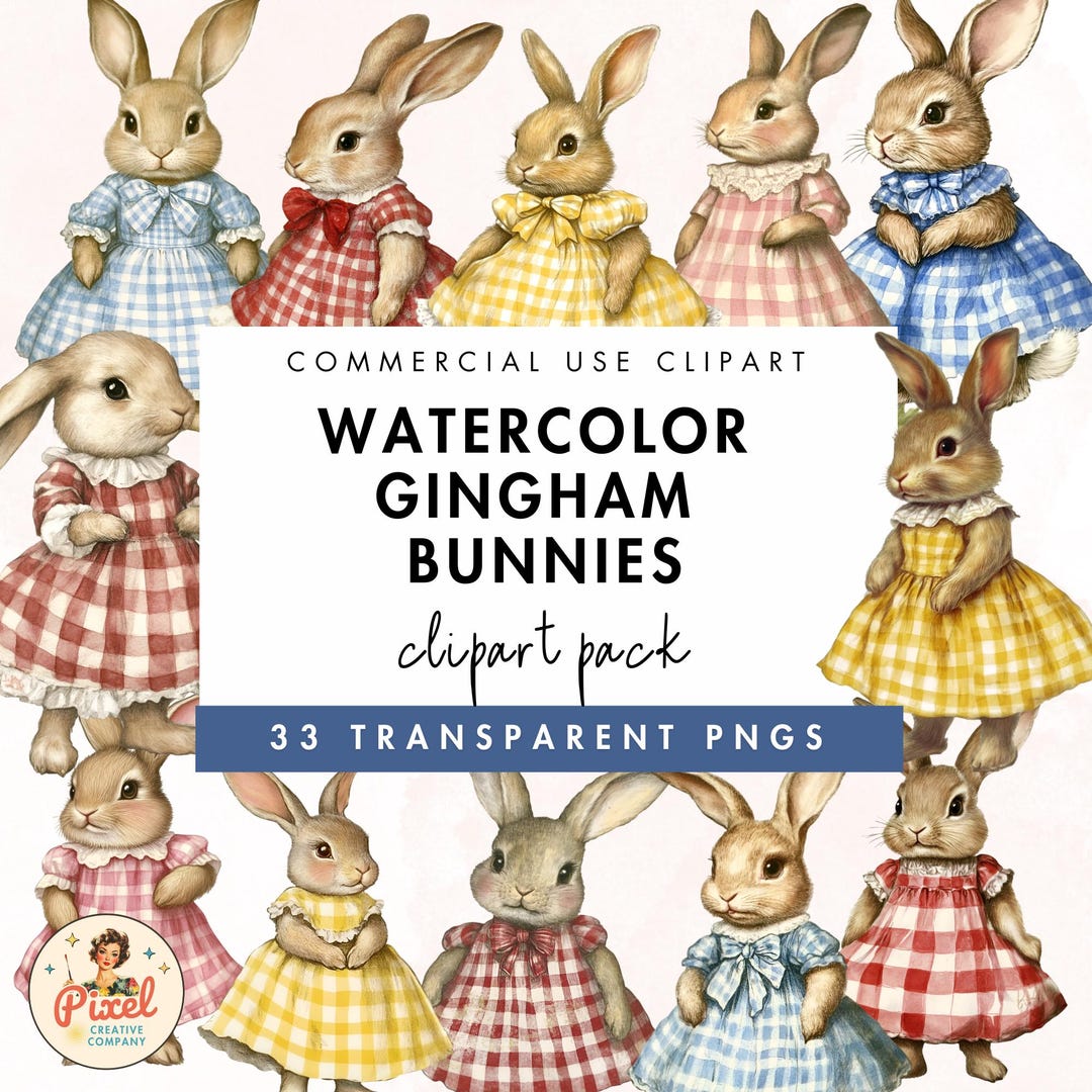 Gingham Bunnies Watercolor Clipart, Rabbits in Gingham Clip Art, Rabbit ...