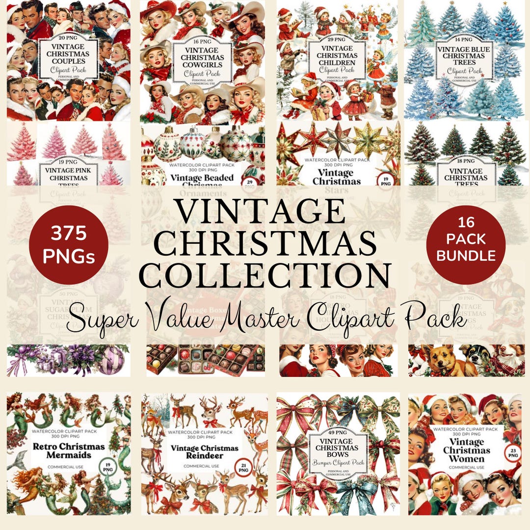 Vintage Christmas Clipart Bundle: Retro PNG Graphics (commercial Use ...