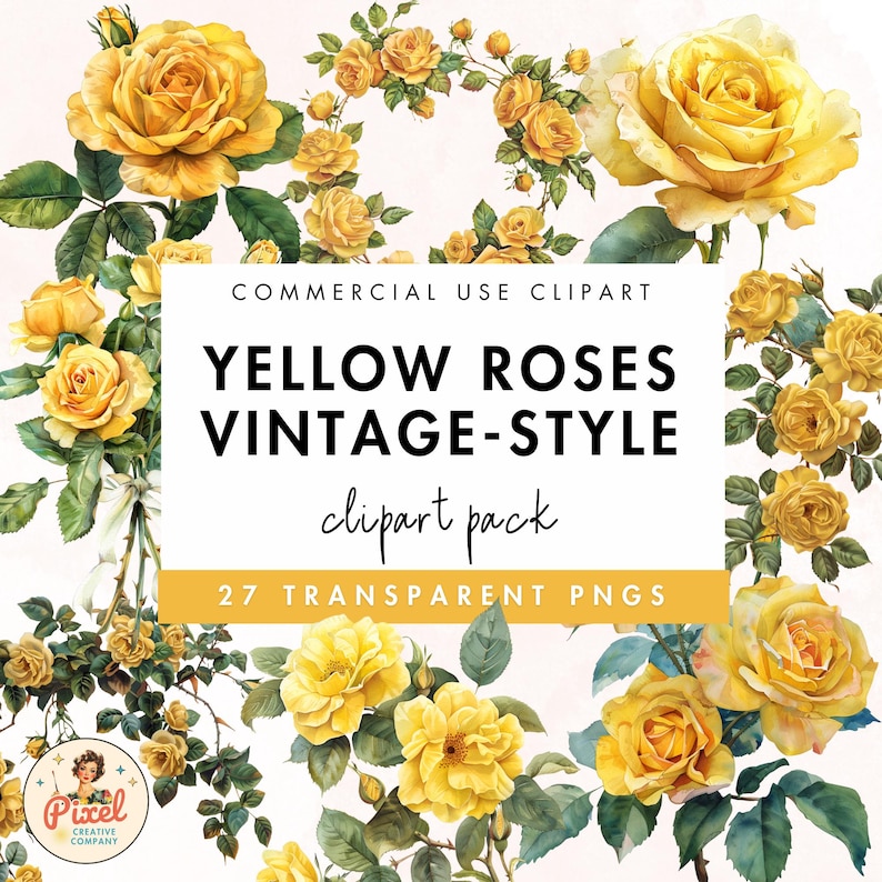Vintage Yellow Roses Clipart: Commercial Use Graphics (PNG, PDF ...