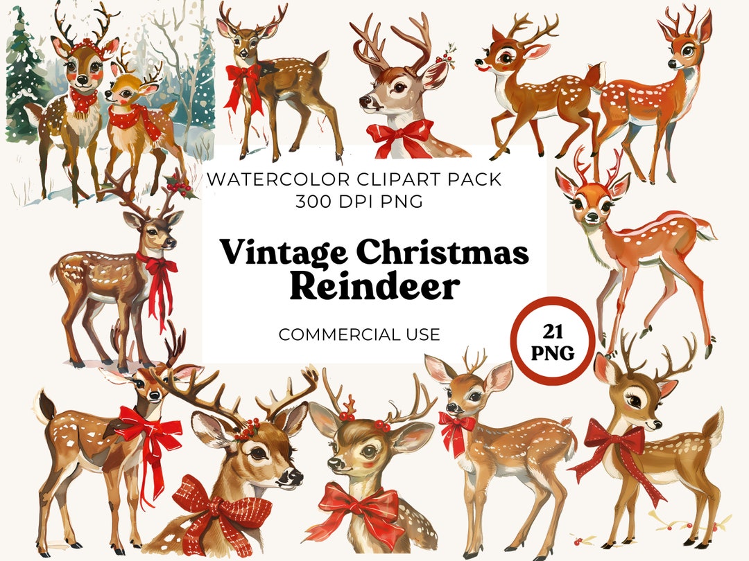 Vintage Christmas Reindeer Clipart Graphics Retro Reindeer Clip Art