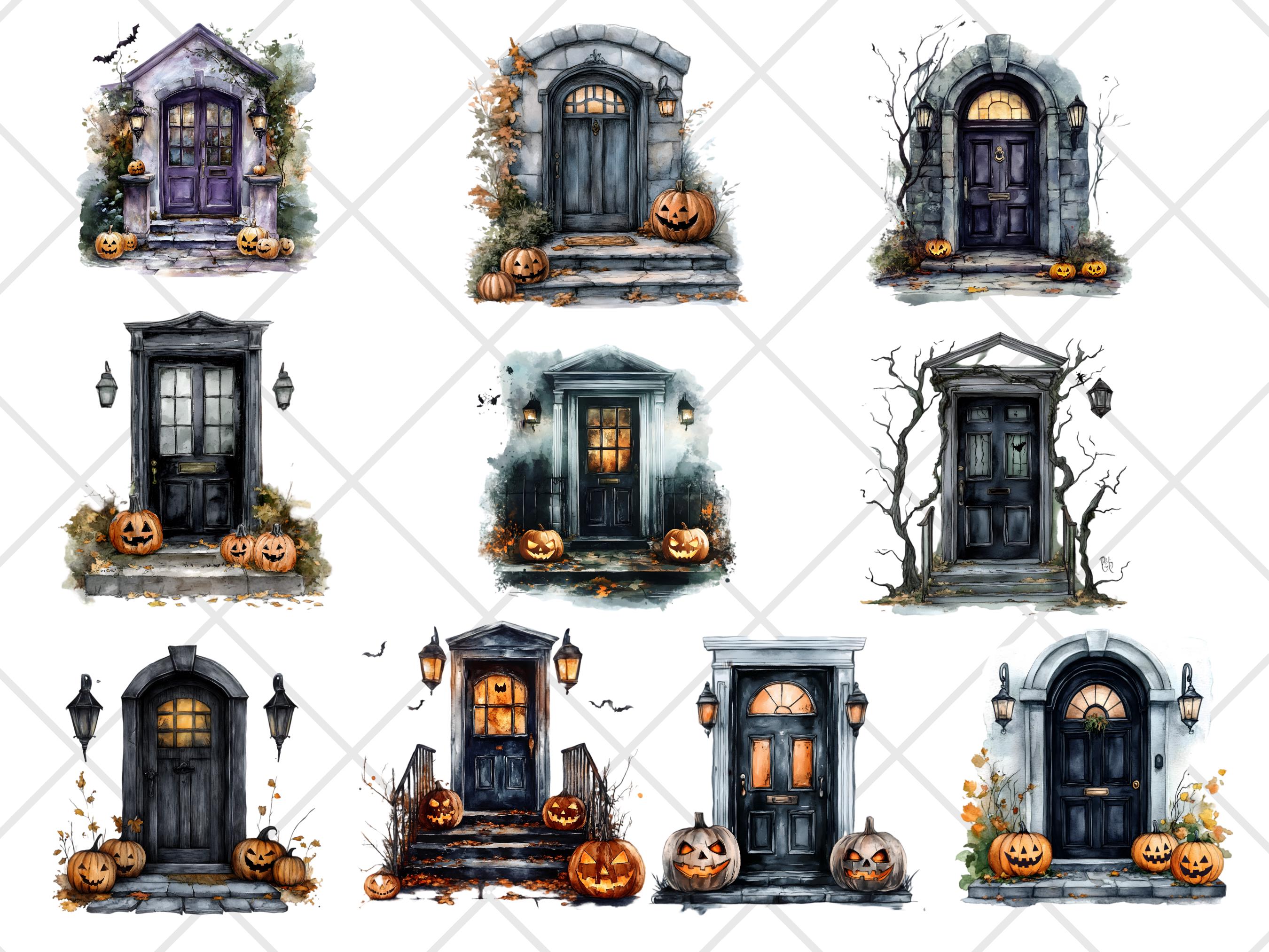 Spooky Halloween Doors Clipart: Watercolor PNG Graphics (commercial Use ...