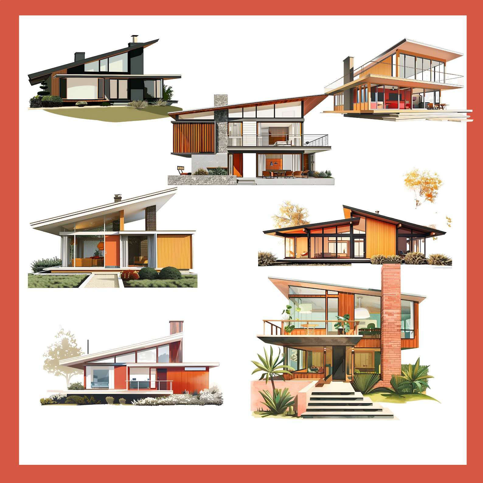 Mid Century Modern Houses Watercolor Clipart, Houses Graphics, Mid ...