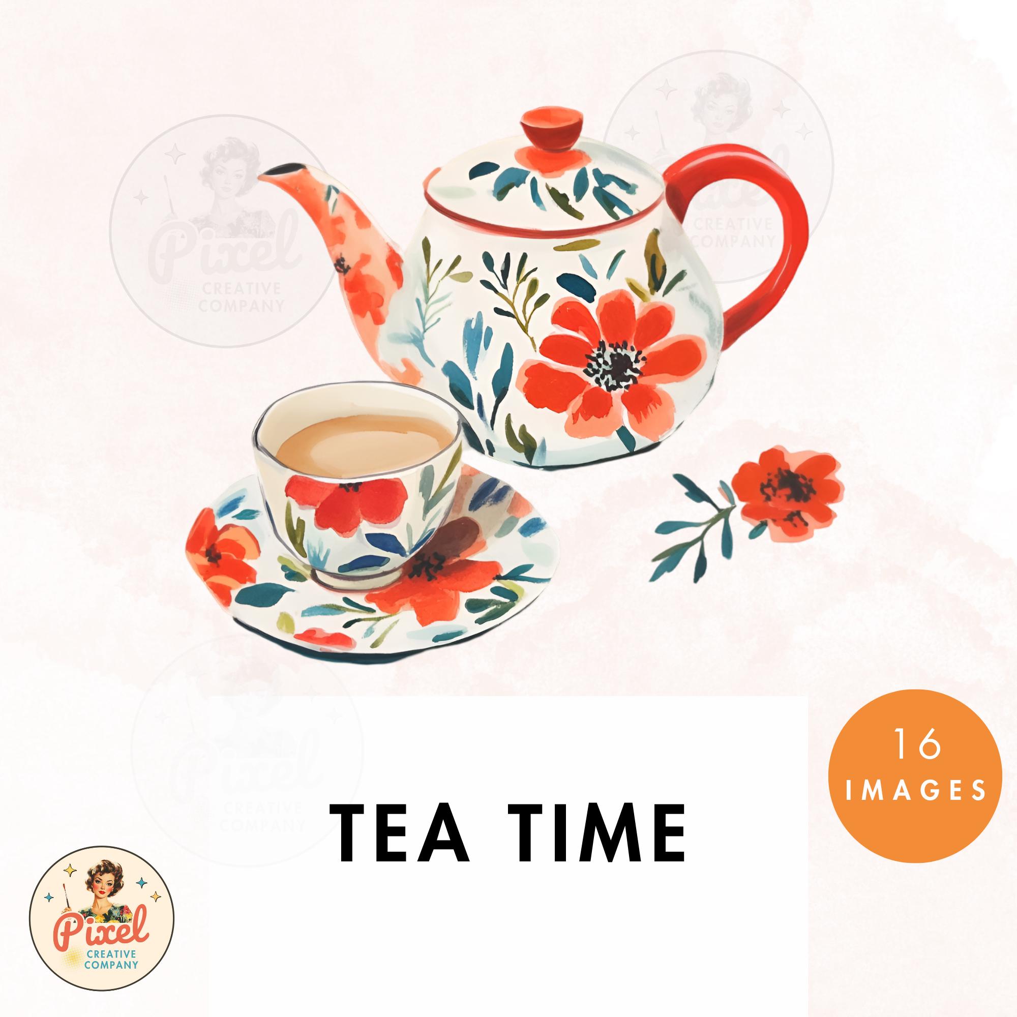 Floral Tea Set Watercolor Clipart: Tea Party PNG Graphics (digital ...
