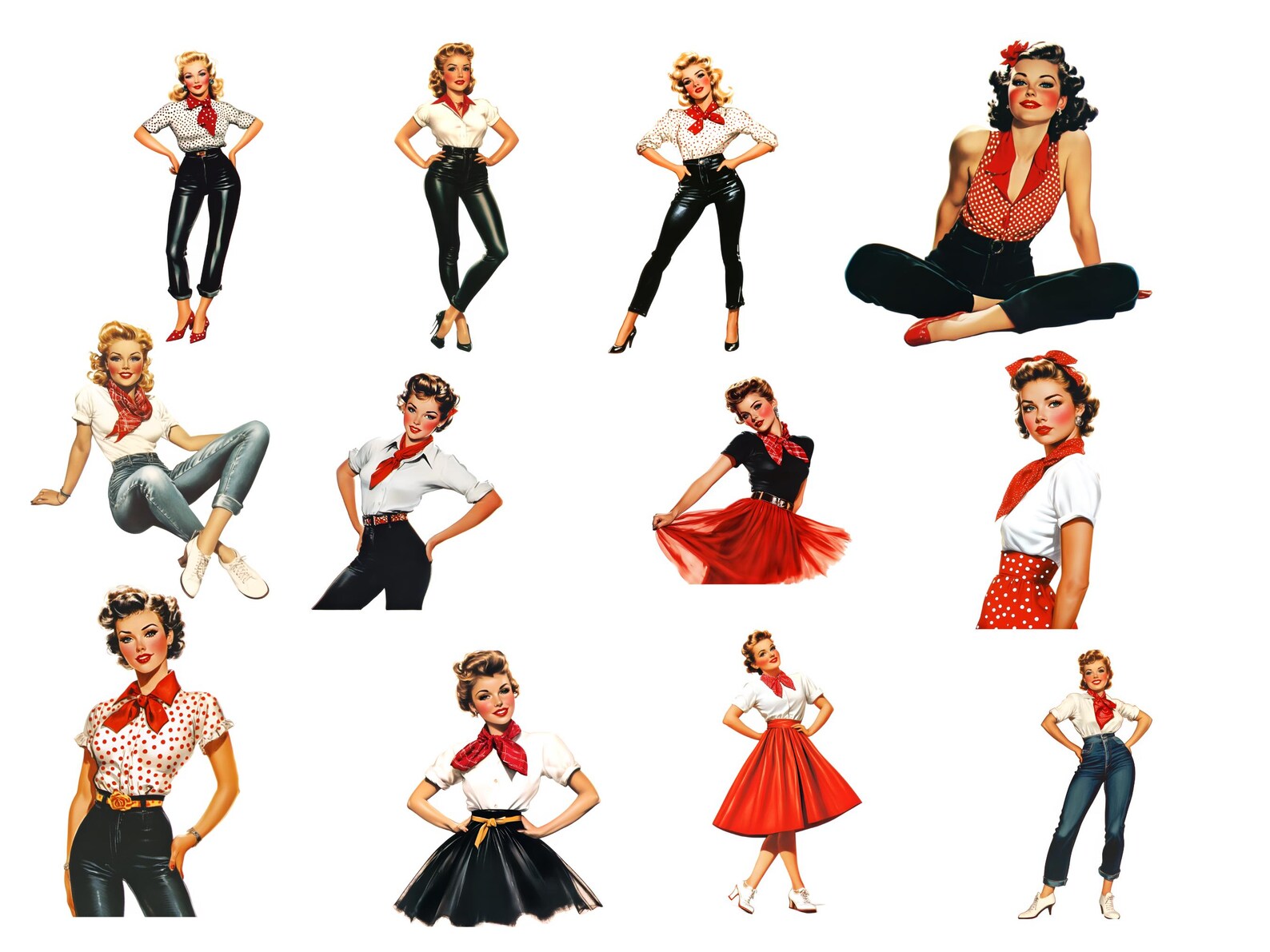 1950s Retro Rockabilly Women Clipart, Retro Women Graphics, Transparent ...