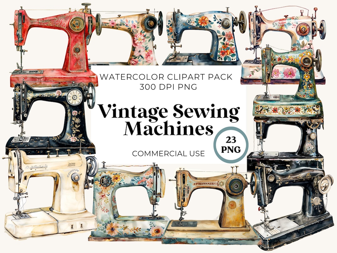 Vintage Sewing Machines Watercolor Clipart, Sewing Machines, Vintage ...