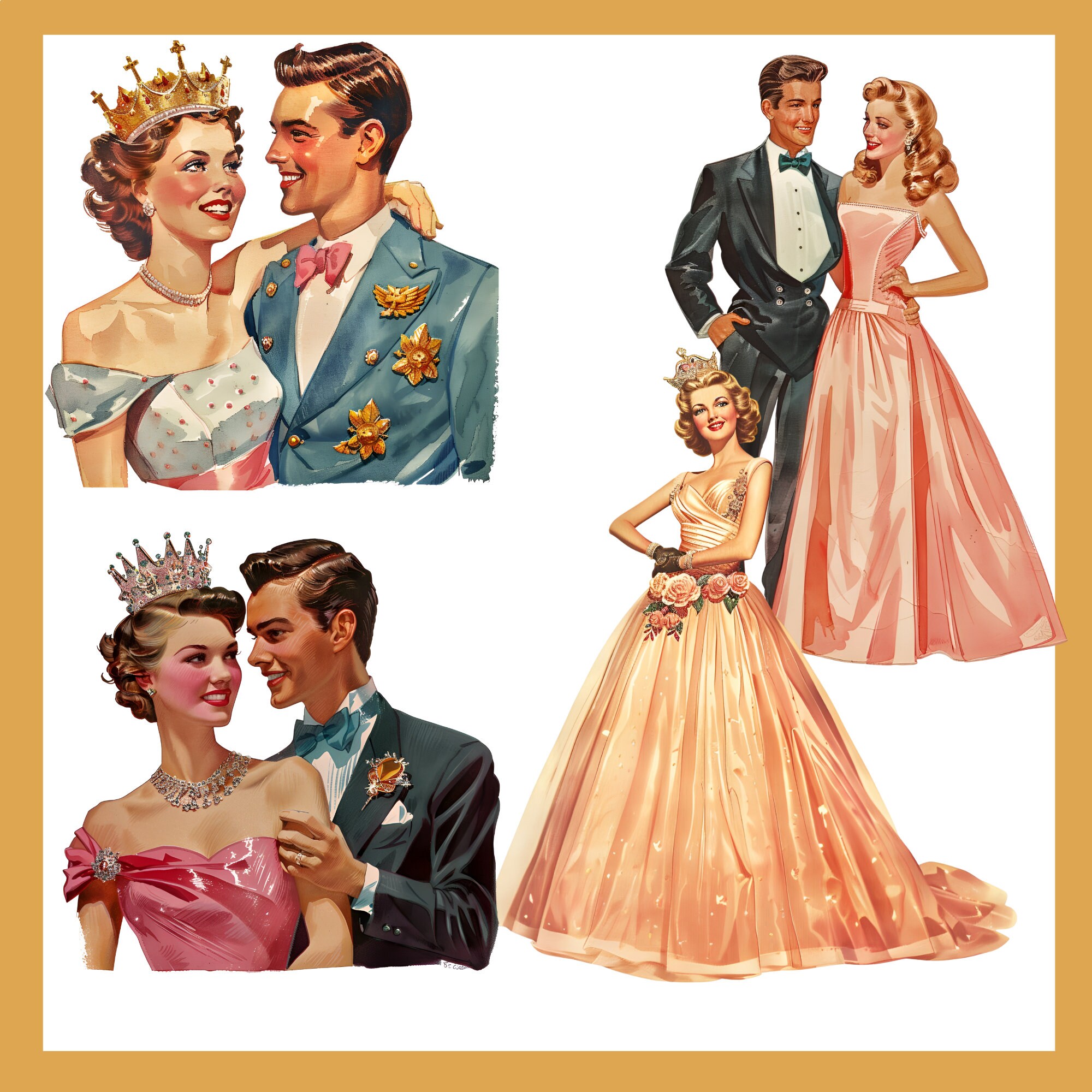Vintage Prom Queens Watercolor Clipart: 1950s Graphics (commercial Use ...