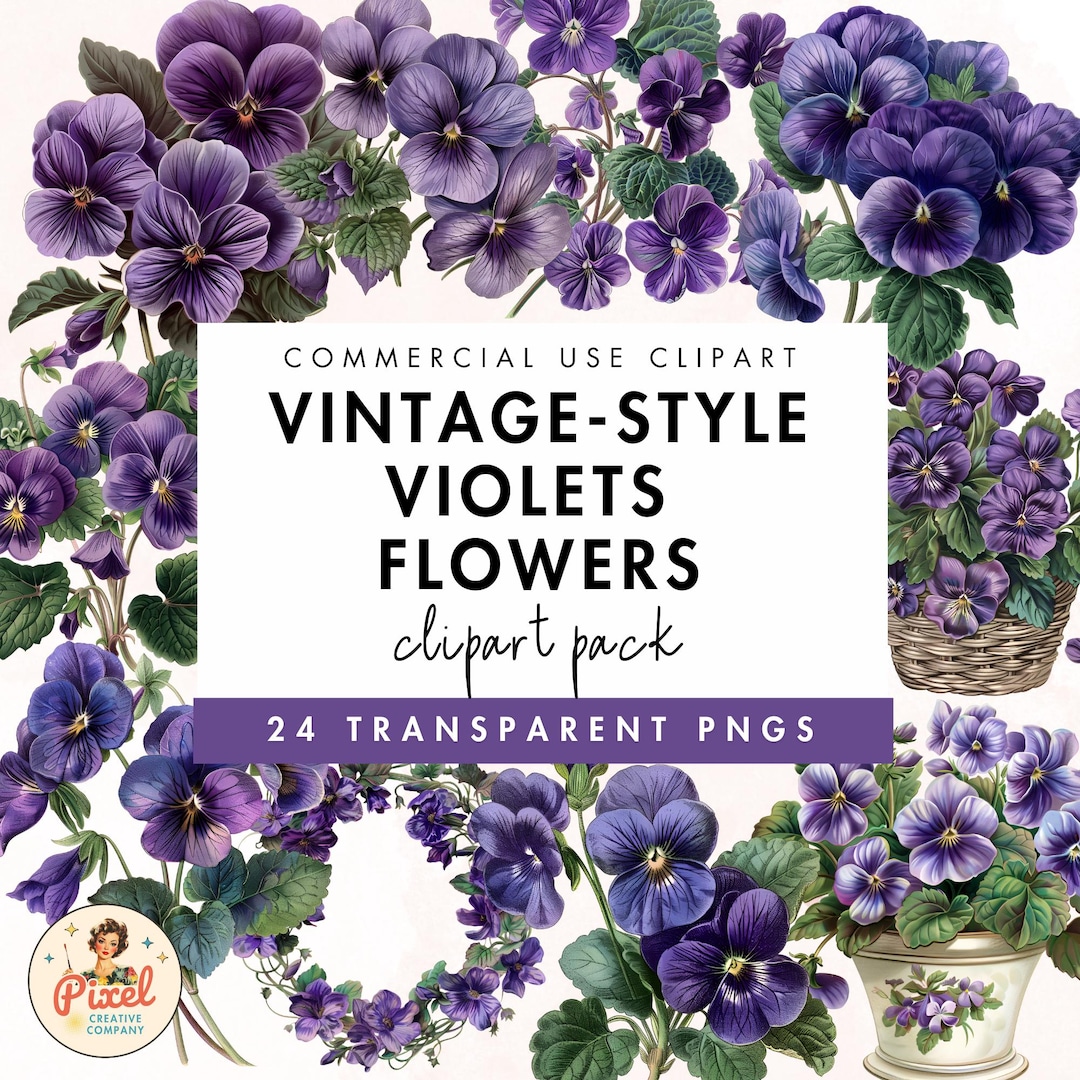 Vintage Style Violets Watercolor Clipart, Purple Violet Flowers ...