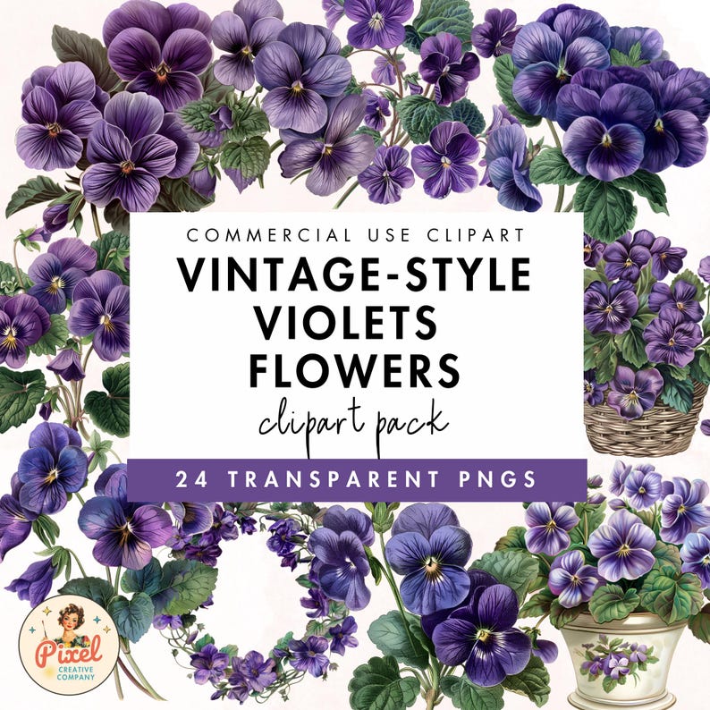 Vintage Style Violets Watercolor Clipart, Purple Violet Flowers ...