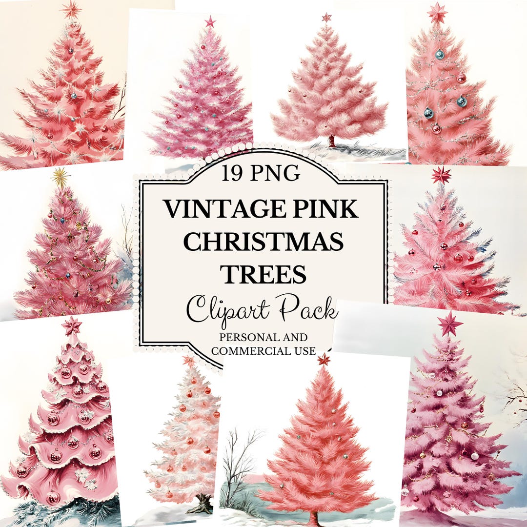 Vintage Pink Christmas Tree Clipart: Holiday Illustrations (PNG & PDF ...