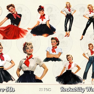 1950s Retro Rockabilly Women Clipart, Retro Women Graphics, Transparent ...