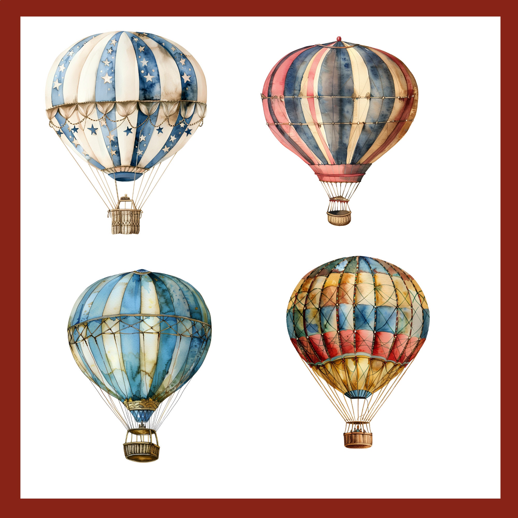 Retro Hot Air Balloons Watercolor Clipart, Vintage Hot Air Balloon ...