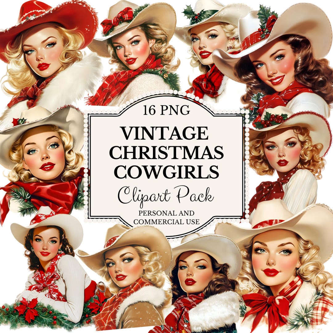 Vintage Christmas Cowgirl Clipart: Retro Western Graphics (PNG, PDF) - Etsy