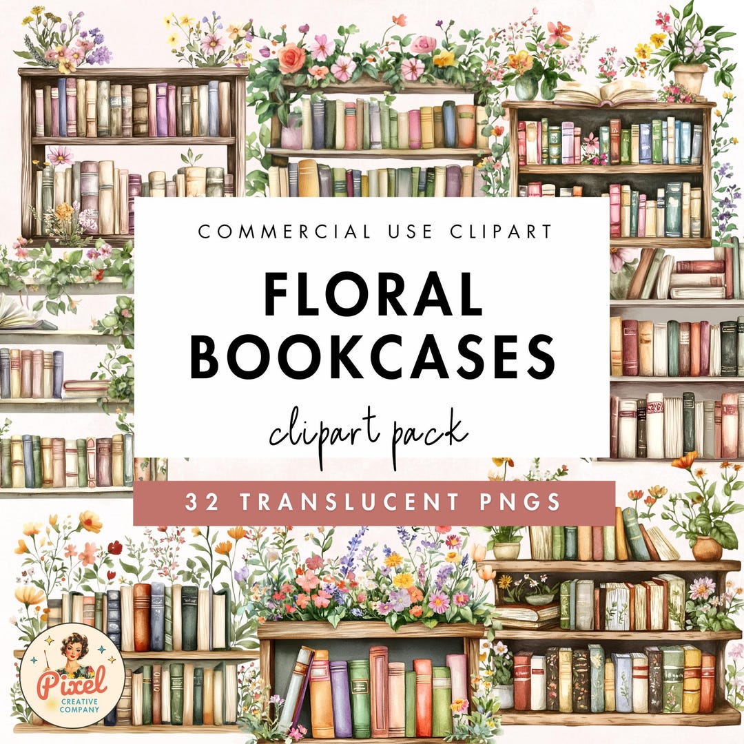 Bookcases Floral Literary Clipart | Book Shelves Clipart | Elaborate ...