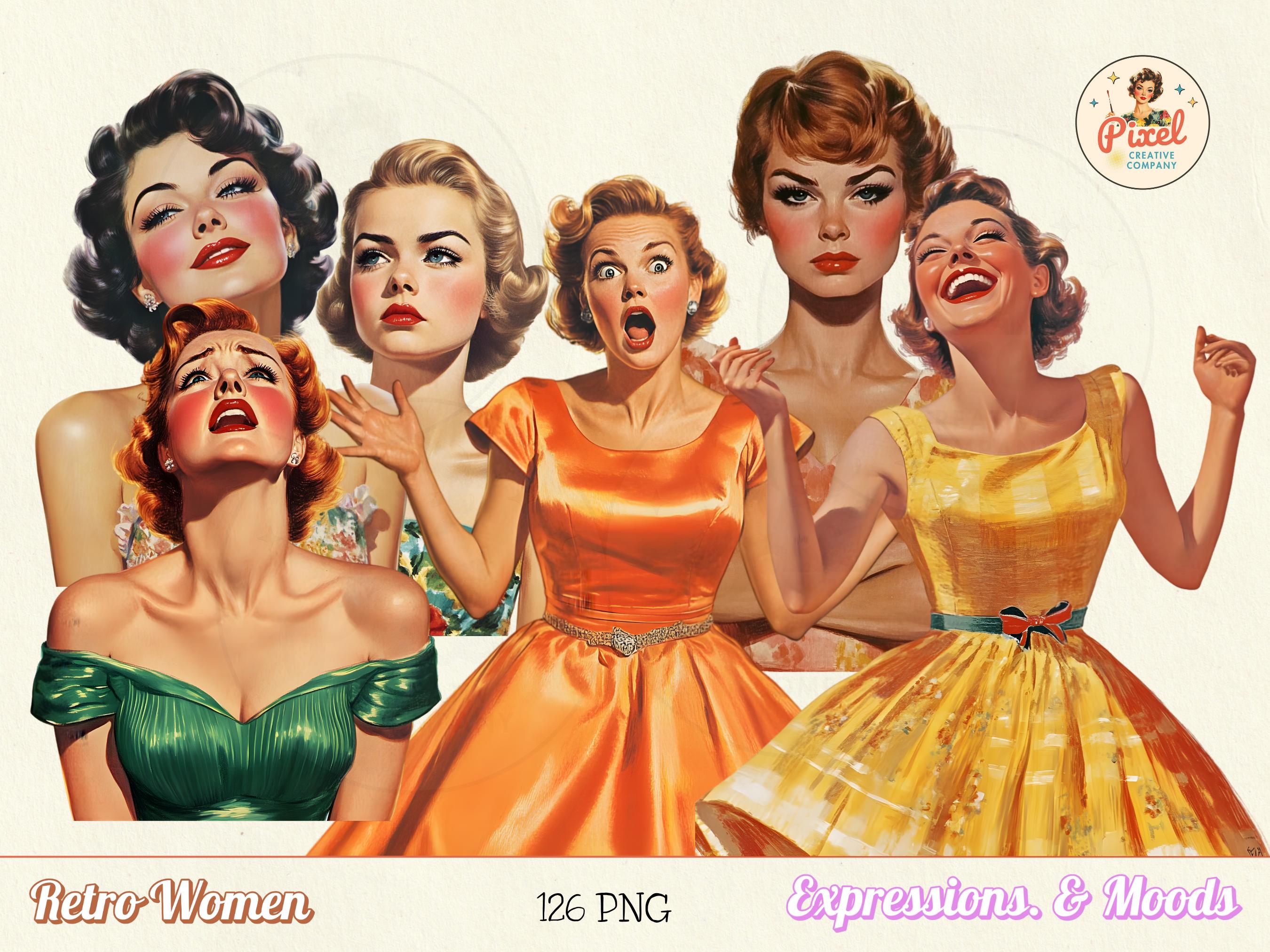 Retro 1950s Mid Century Women Clipart | Vintage Woman Expressions ...