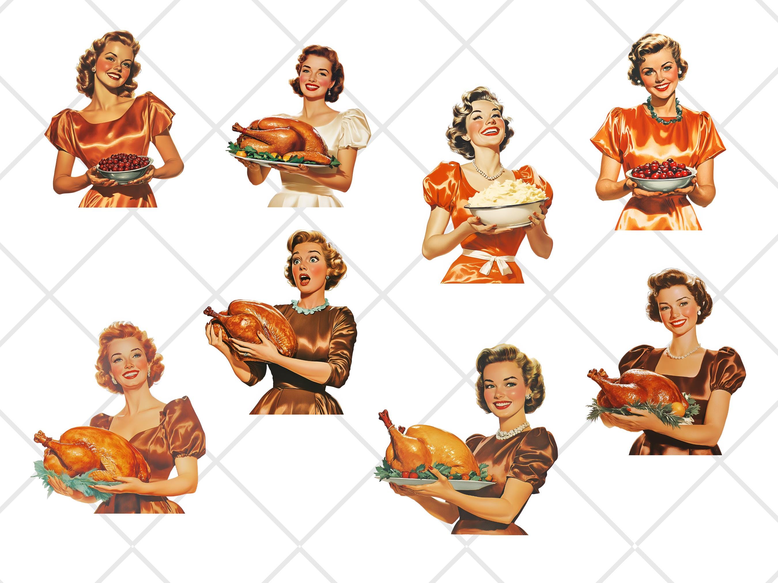 Retro Thanksgiving Clipart: Vintage Women Serving Turkey (PNG, PDF ...