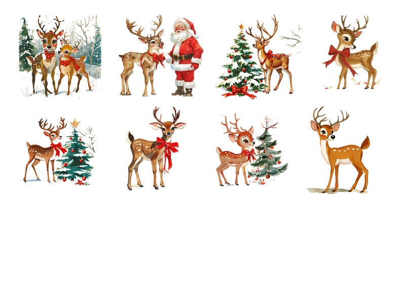 Vintage Christmas Reindeer Clipart: Retro Deer Graphics (PNG, PDF ...