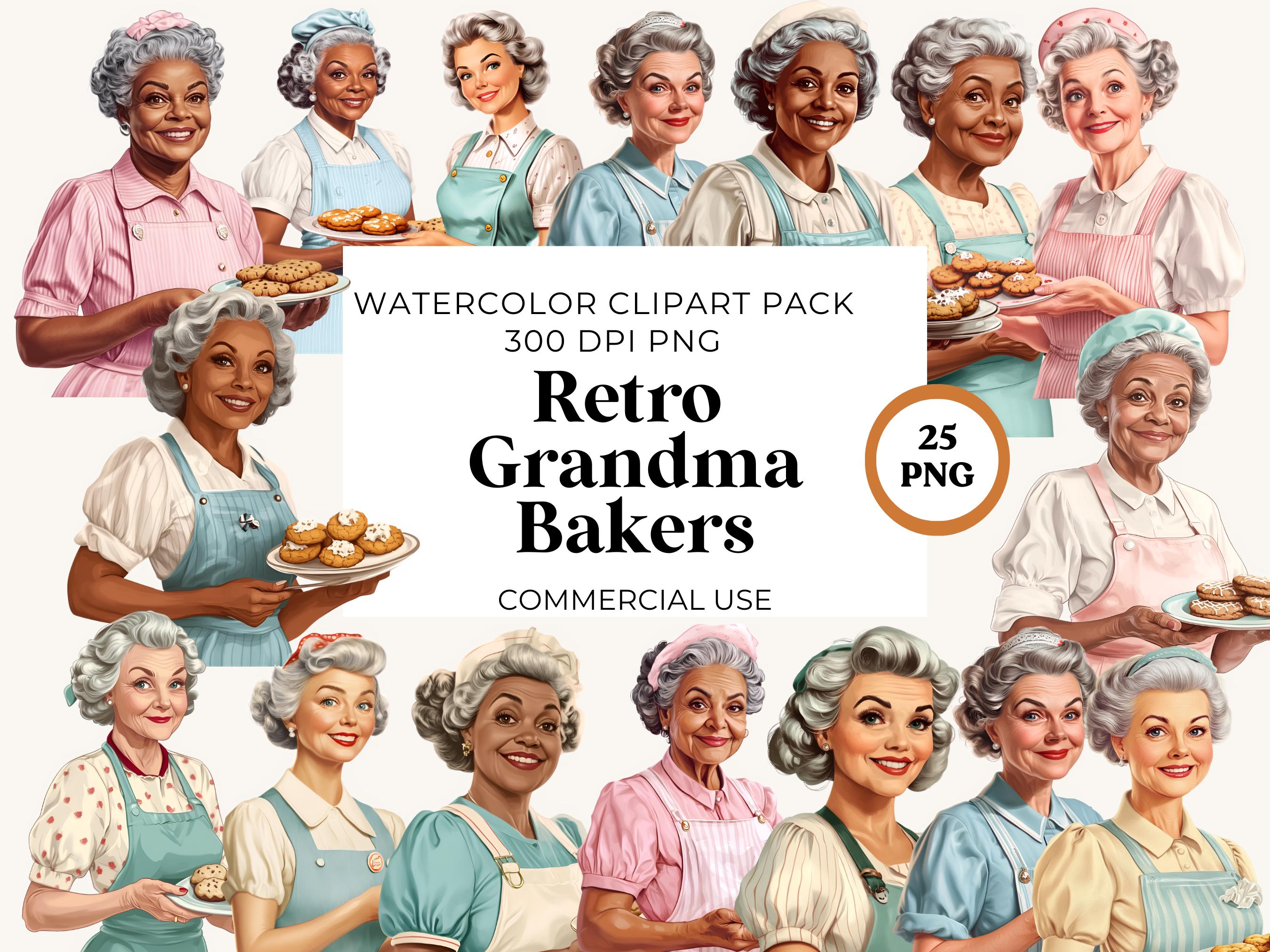 Retro Grandma Bakers Clipart: 25 PNG Watercolor Illustrations ...