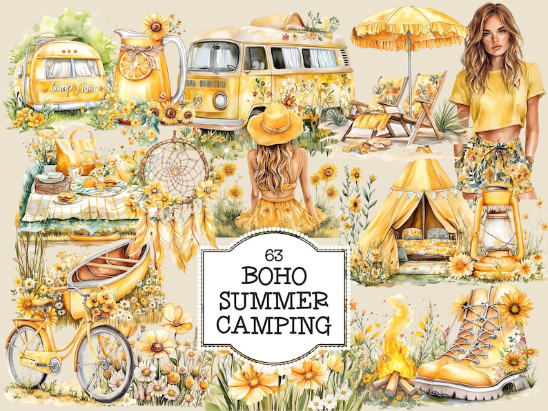 Boho Summer Camping Clipart Floral Yellow Camp Graphics Women Yellow ...