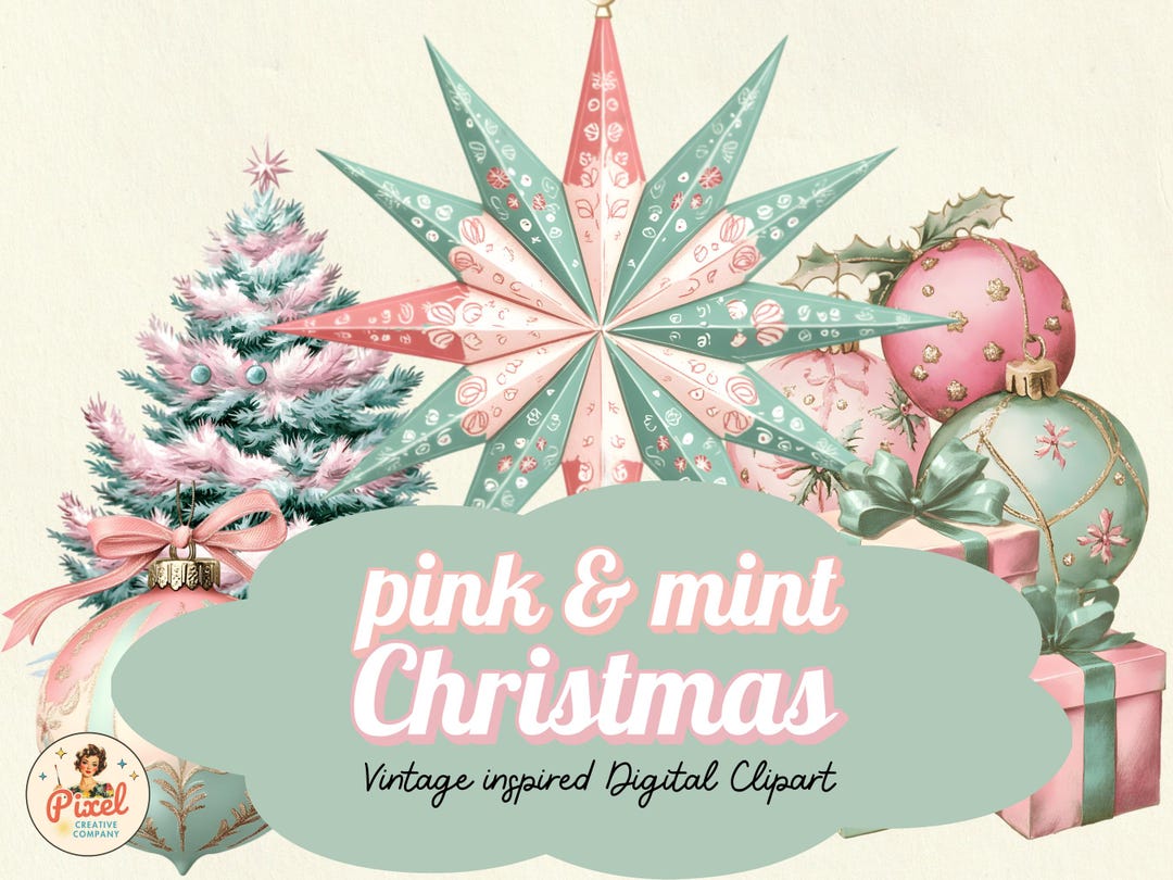 Retro Christmas Clipart: 1950s Mint Green & Pink Graphics (digital ...