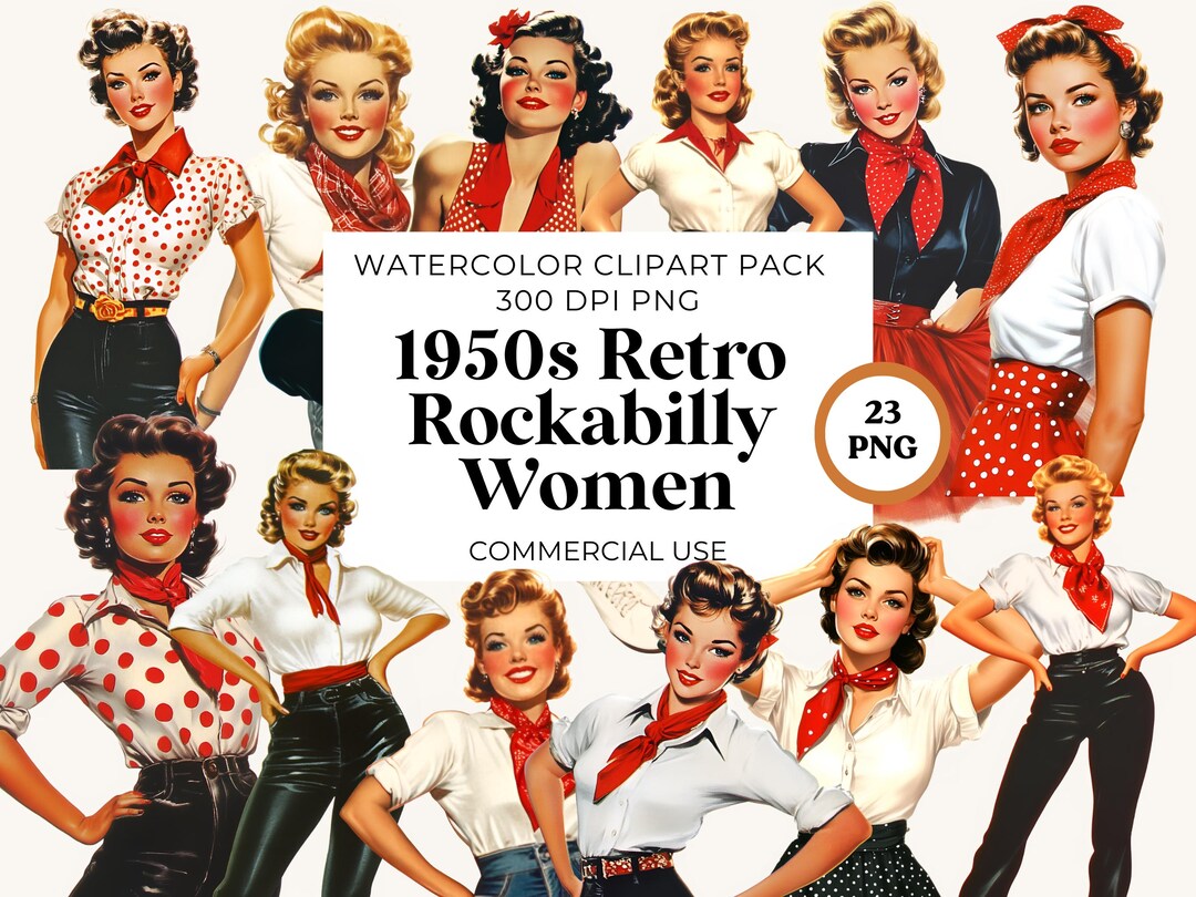1950s Retro Rockabilly Women Clipart, Retro Women Graphics, Transparent ...