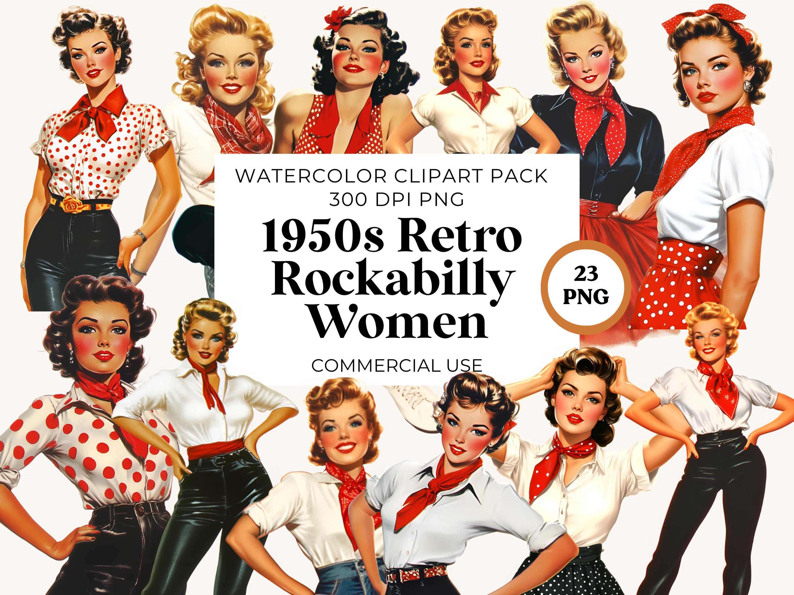 1950s Retro Rockabilly Women Clipart, Retro Women Graphics, Transparent ...